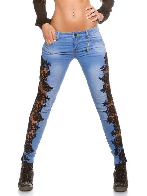 Lace Floral Crochet Cutout Elegant Sexy Denim Pencil Skinny Jeans