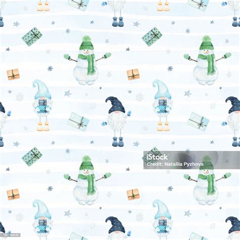 水彩画のクリスマスパターン雪だるまスカンジナビアのノームギフト雪片をライトストライプブルーの背景に イラストレーションのベクターアート素材