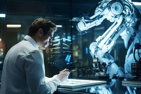 Premium Photo Scientist Manipulates Robotic Arm To Program Microchip
