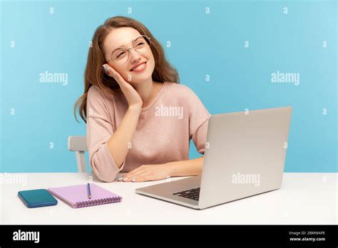 Smart Happy Woman In Nerd Eyeglasses Dreaming Of Vacation Resting On Break Relaxing With