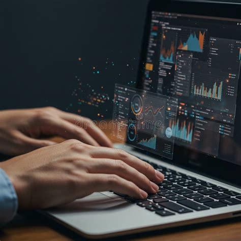 hands typing on a laptop keyboard with digital data visualizations