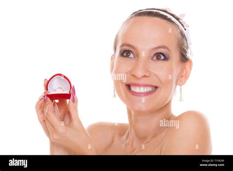Excited Happy Bride Holding Opening Engagement Ring Box Surprised