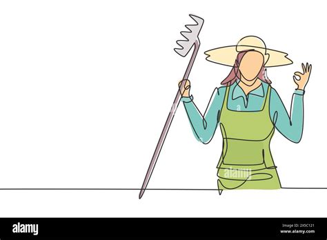 Continuous One Line Drawing Female Farmer With Gesture Okay Wearing