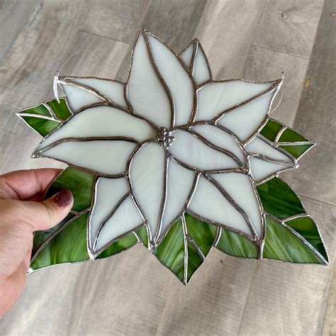Handcrafted Stained Glass Poinsettia Suncatcher In Ivory Christmas