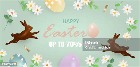 초콜릿 토끼 봄 꽃 아름다운 페인트 달걀이 있는 부활절 배너 부활절 달걀 사냥 또는 달걀 장식 예술의 개념 3차원 형태에 대한 스톡 벡터 아트 및 기타 이미지 Istock
