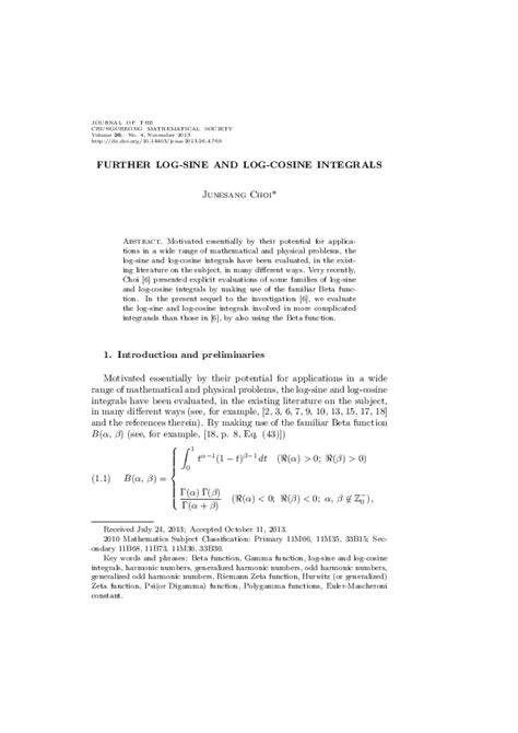 Pdf Further Log Sine And Log Cosine Integrals Junesang Choi