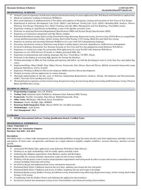 Shyamala Krishnan Resume Pdf Software Testing Selenium Software