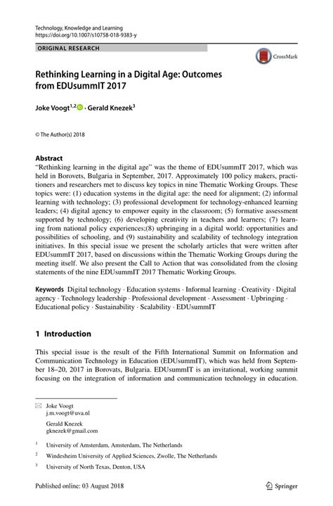 Pdf Rethinking Learning In A Digital Age Outcomes From Edusummit 2017