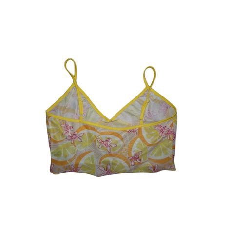 🍋yellow V Neck Mesh Cami Top With Floralfruit Depop
