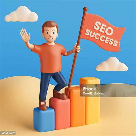 디지털 마케팅 개념 만화 남자는 Seo 성공 깃발을 들고 다채로운 막대 그래프에 서 있습니다 3d 렌더링 3차원 형태에 대한 스톡 사진 및 기타 이미지 Istock