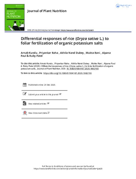 Pdf Differential Responses Of Rice Oryza Sativa L To Foliar