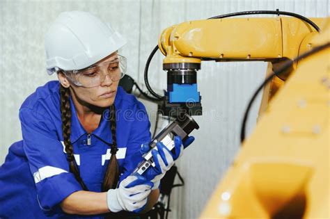 Female Automation Machine Engineer Student Study And Inspection Control