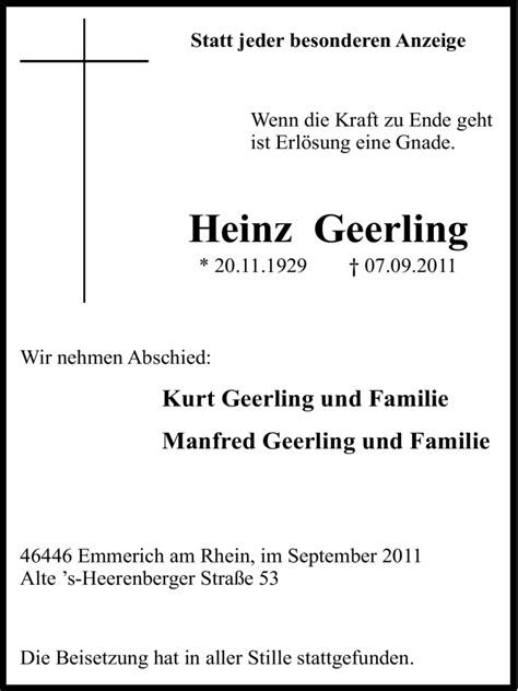 Traueranzeigen Von Heinz Geerling Trauer In Nrw De