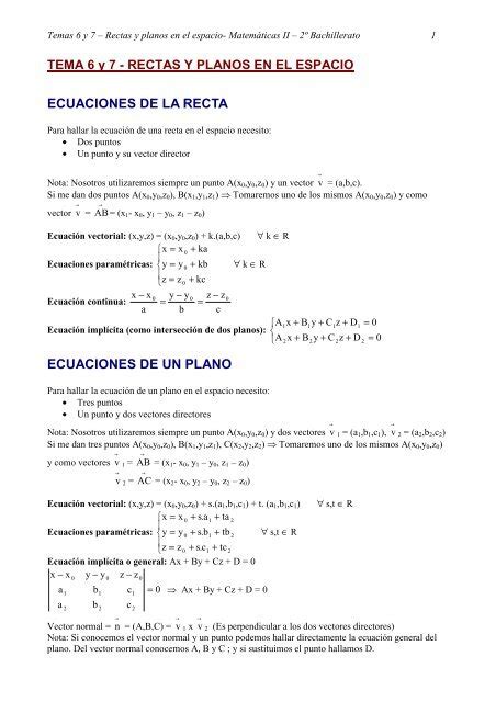 TEMA 6 Y 7 RECTAS Y PLANOS EN EL ESPACIO ECUACIONES