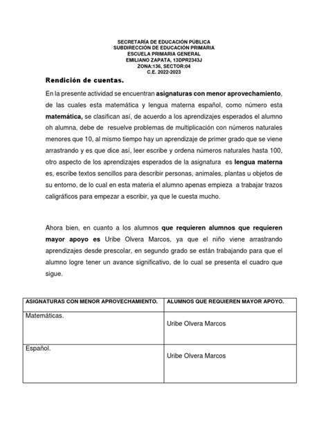 Rendición De Cuentas Pdf Educación Primaria