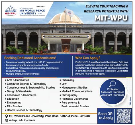 Mit World Peace University Pune Wanted Professorassociate Professor
