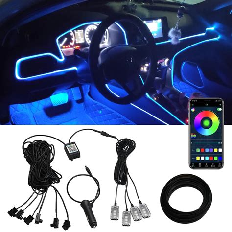 led 자동차 분위기 조명 광섬유 rgb 다중 모드 앱 사운드 제어 자동차 인테리어 장식 앰비언트 네온 램프 블랙