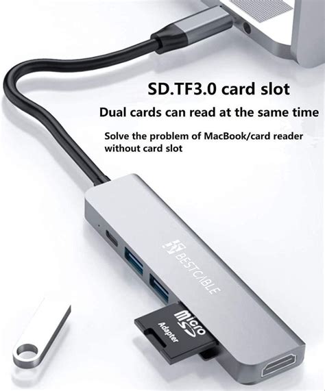 C0241 BEST CABLE USB C Hub Multiport Adapter 6 In 1 Portable With 4K HDMI Output 2 USB 3 0