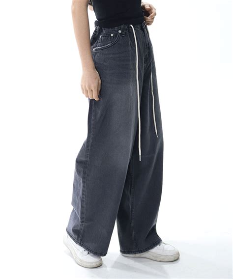 {남녀공용} 카이 스트링 데님 팬츠 유니크 힙 한 롱 와이드 벌룬 루즈 핏 하이웨스트 스토퍼 히든 두 줄 스트링 하이웨스트 커플 나염 워싱 생지 흑 진 중 청 데님 팬츠