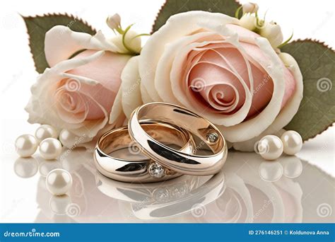 Pair Of Wedding Rings With Pink Roses And Pearls On White Background