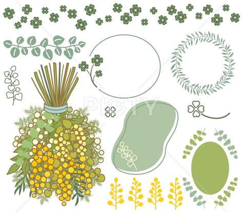 ミモザの花束と植物の装飾イラスト【セット・素材】 Id 7042 ご当地写真・イラスト素材サイト Pictyピクティ