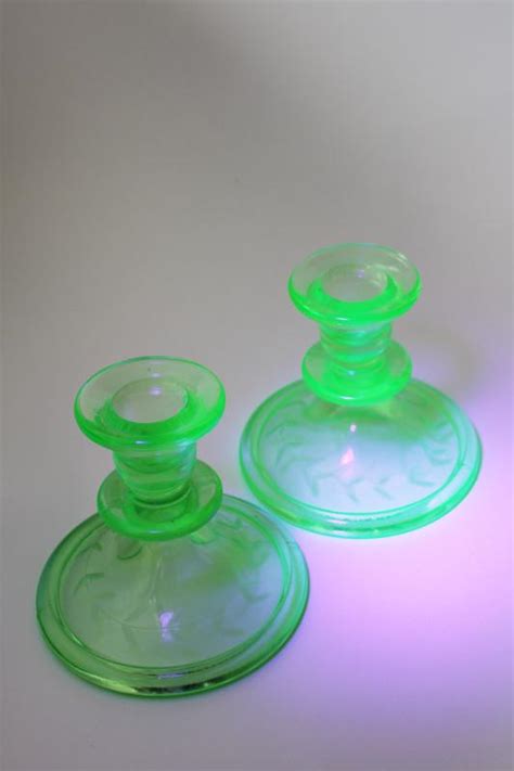 Vintage Uranium Green Depression Glass Candle Holders Laurel Band