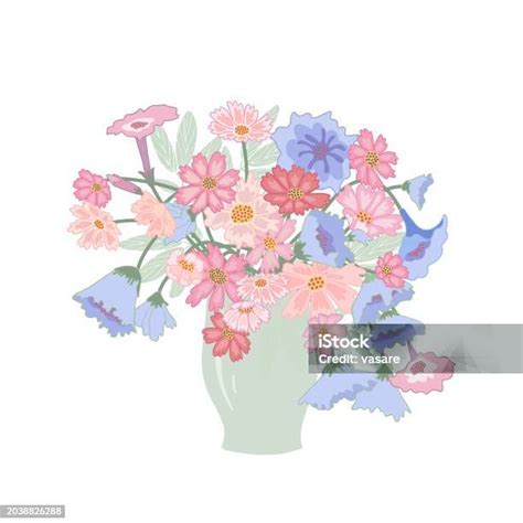 꽃병에 분홍색과 파란색 꽃이 아름 다운 꽃다발 흰색 배경에 고립됨 0명에 대한 스톡 벡터 아트 및 기타 이미지 0명 고전