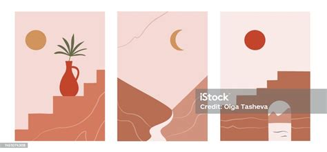미적 평면 스타일로 설정된 미니멀리즘 풍경 포스터 미드 센추리 모던 스타일의 벽 예술에 딱 맞습니다 0명에 대한 스톡 벡터 아트 및 기타 이미지 Istock