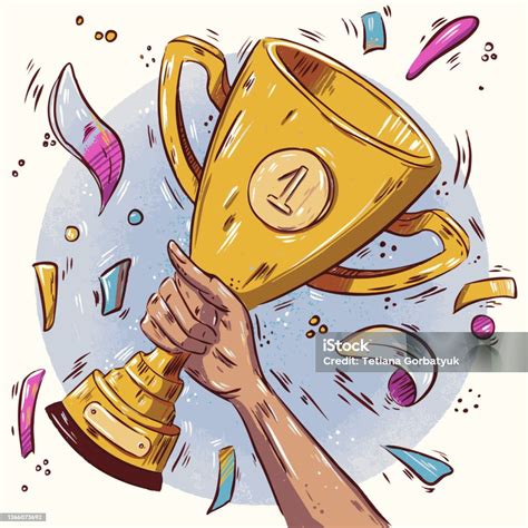 황금 고블 우승자 상을 가진 손 1위 승리의 축하 벡터 손으로 그린 그림 1위에 대한 스톡 벡터 아트 및 기타 이미지 1위