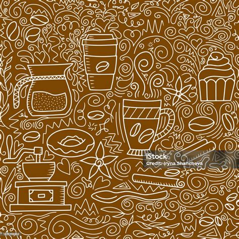 낙서 커피 패턴입니다 커피 컵 핸드 드로잉 라인 아트 향기로운 커피컵 마핀과 스틱 계피 숟가락 벡터 스톡 일러스트레이션을