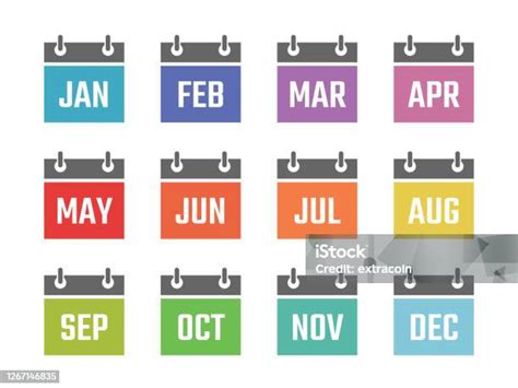 Takvim 12 Ay Simge Seti Yılın Tüm Ayları Için Renk Işaretleri Stok Vektör Sanatı And Ay Takvim