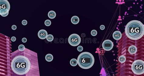 Animation Of Multiple 6g Text Banners Floating Against 3d Building