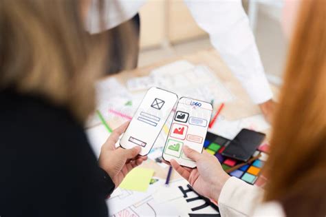 creative ux ui design team collaborating on mobile app interface with