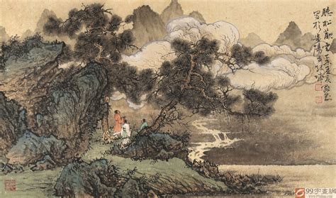 贵州七星关美协主席吴显刚 四尺三开听松观云 写意山水画 99字画网