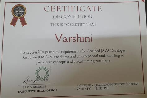 I Am Thrilled To Announce The Successful Completion Of The Certified Java Varshini K