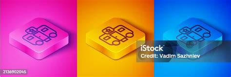 아이소 메트릭 라인 기계 트레일러 탈의실 배우 아이콘 분홍색과 주황색 파란색 배경에 고립되어 있습니다 영화 제작진 휴게실 별 잠자리 영화 차량 사각형 버튼 벡터 3차원