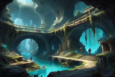 Premium Photo An Underground Cavern City With Bioluminescent Fungi