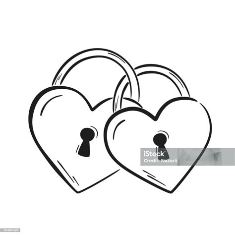 손으로 그린 자물쇠 잠긴 하트 몇 개 로맨틱하고 사랑의 상징입니다 발렌타인 데이 디자인을위한 스케치 요소 감정에 대한 스톡 벡터