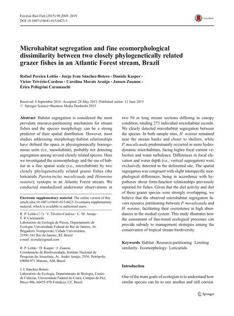 Pdf Microhabitat Segregation And Fine Ecomorphological Dissimilarity Between Two Closely
