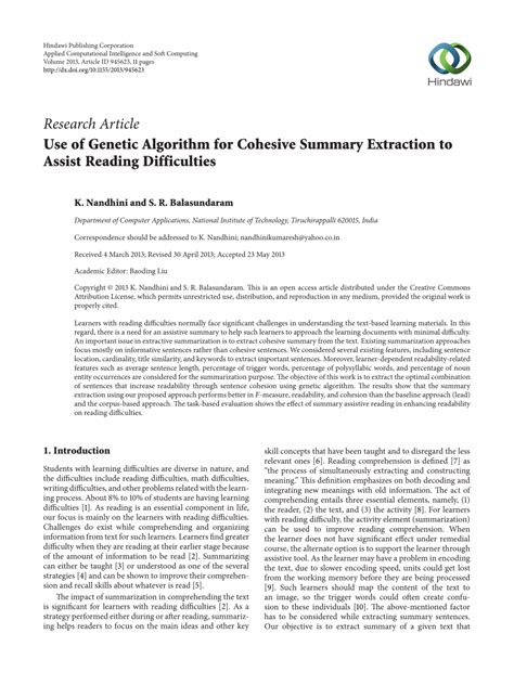 Pdf Use Of Genetic Algorithm For Cohesive Summary Extraction To