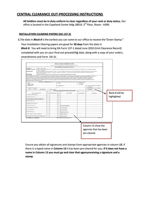 Central Clearance Out Processing Instructions Da Form 137 1 Da Form