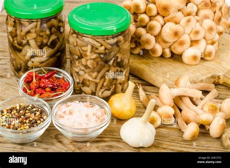 Pickled Wild Mushrooms In Glass Jar Homemade Preparations Studio