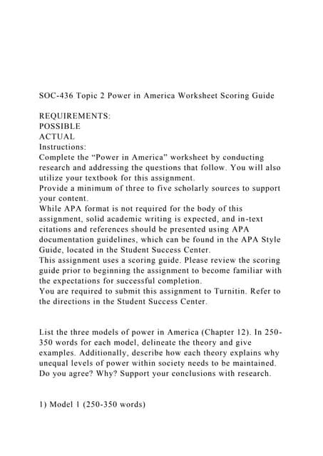 Soc 436 Topic 2 Power In America Worksheet Scoring Guidedocx