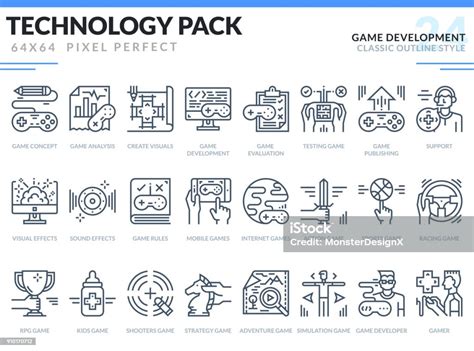 게임 개발 아이콘 설정합니다 기술 개요 아이콘 팩입니다 웹 디자인 및 웹 사이트 응용 프로그램에 대 한 픽셀 완벽 한 얇은 선 벡터 아이콘 비디오 게임에 대한 스톡 벡터