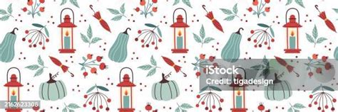 가을 꽃 완벽 한 패턴 호박 촛불 랜턴 나뭇잎 우산과 패턴 가 계절 벡터 일러스트 레이 션 에서 플랫 디자인 0명에 대한 스톡 벡터 아트 및 기타 이미지 Istock