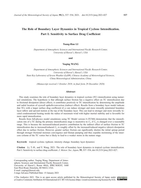 Pdf The Role Of Boundary Layer Dynamics In Tropical Cyclone Intensification Part I