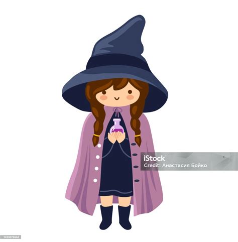 귀여운 작은 마녀 소녀 만화 캐릭터 마법의 물약을 들고 큰 모자를 쓴 마법사 벡터 손으로 그린 그림입니다 마녀에 대한 스톡 벡터