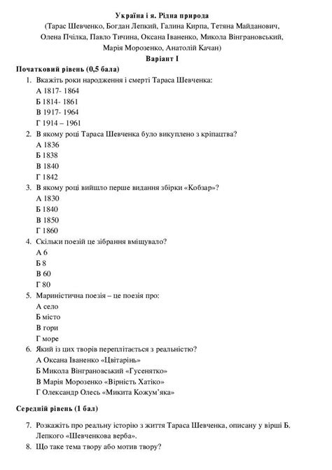 Контрольна робота з української літератури у 5 класі Україна і я Рідна природа Тест