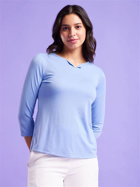 Buy Blue Round V Neck Solid Top Online Fablestreet