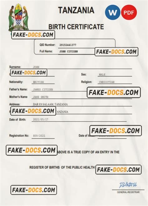 Tanzania Birth Certificate Word And Pdf Template Completely Editable